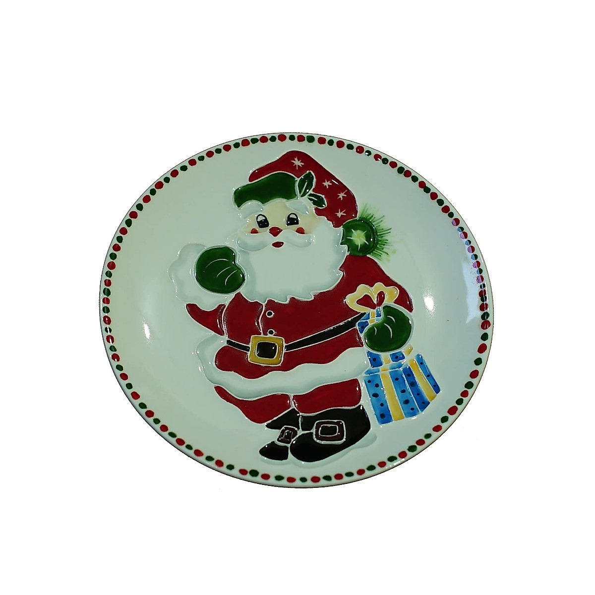 Anka Handcrafts - Christmas Home Decors – Santa with Gifts - Handmade & Handpainted Ceramic Plates with Unique Embossed Surface – w Navy Int. Velvet Case – Christmas for Homes 781