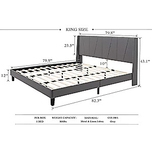 Benevika King Size Platform Bed Frame with Geometric Wingback Headboard, Wooden Slats Support, No Box Spring Needed, Easy Assembly, Gray