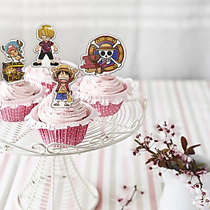 48Pcs Cupcake Toppers for One Piece, Anime Birthday Party Supplies Anime Theme Party Cake Decorations