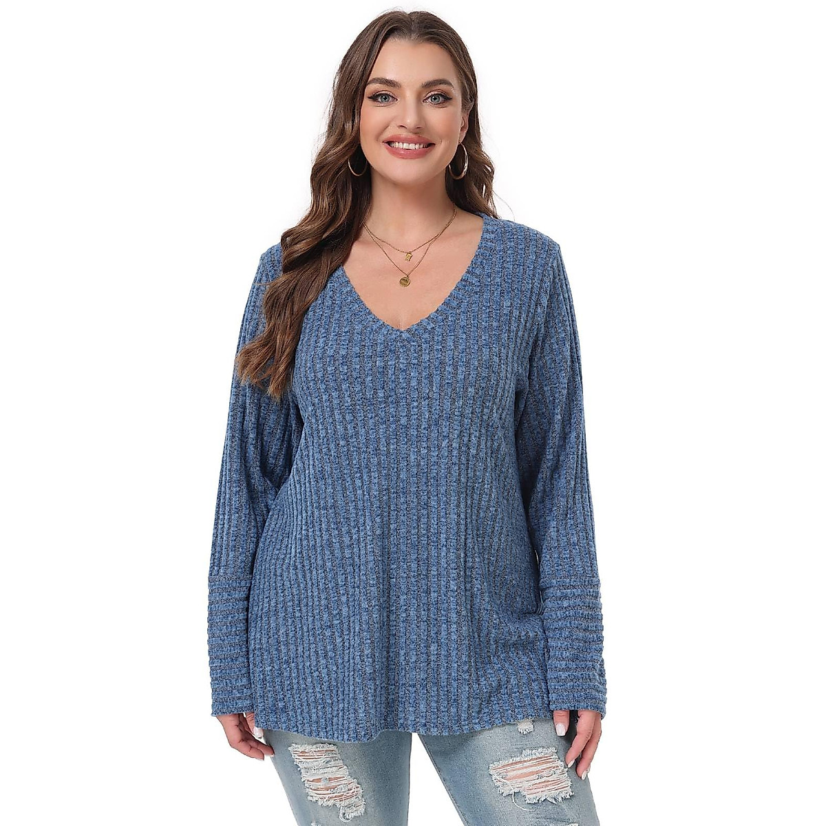 BELAROI Plus Size Long Sleeve Tops for Women Dressy Casual Shirts V Neck Tunic Sweaters Pullover Lightweight Loose Fit(2X, Navy Blue)