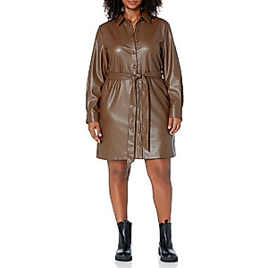 The Drop Women's Sam Vegan Leather Shirtdress, Coffee Bean, L