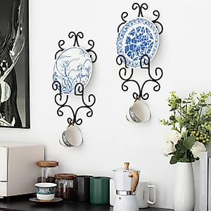 MyGift Wall Plate Display Holder, Set of 2 - Vintage Scroll Work Style Black Metal Wall-Mounted Tea Cup and Saucer Hanging Rack, Holds Plates Up To 11 Inches