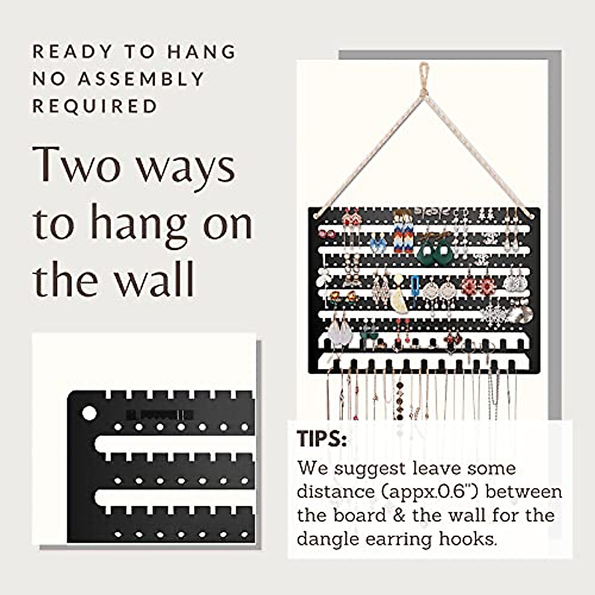 Wooden Jewelry Organizer Wall Mounted, Hanging Jewelry Organizer Earring Organizer Necklace Holder Bracelet Holder Over The Door, Jewelry Holder for Earrings, Necklaces &Rings (Black)