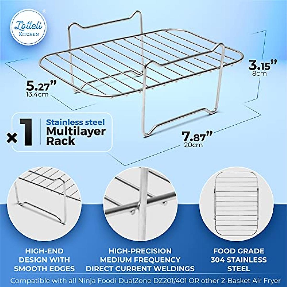 Air Fryer Rack for Double Basket Air Fryers, 304 Stainless Steel Multi-Layer Rack, Air Fryer Accessories Dehydrator Rack Compatible with Dual/Double/Two Basket Air Fryers