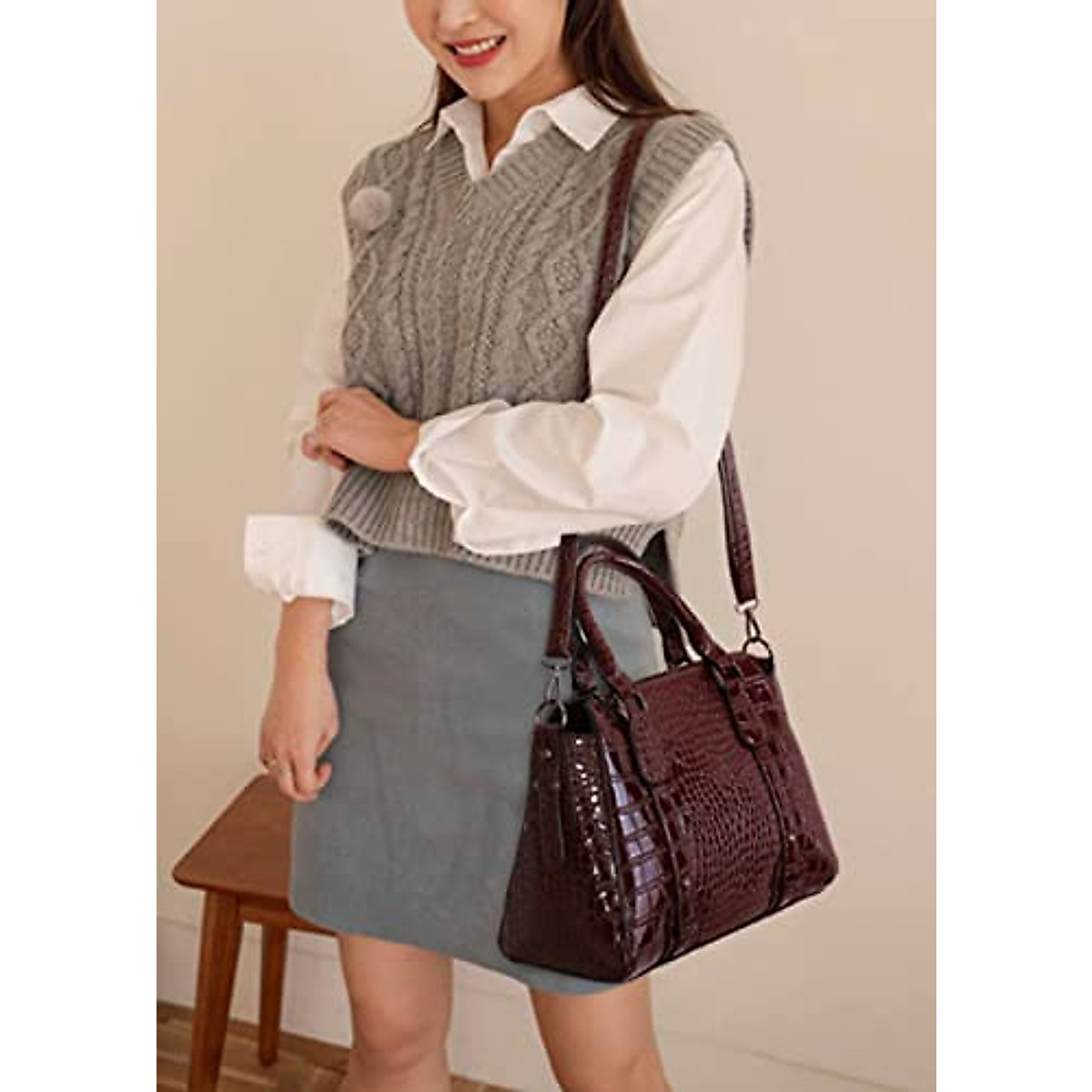 GJGJTER Women Patent Leather Bucket Bag Embossed Shoulder Handbag Crossbody Purse-Dark Brown