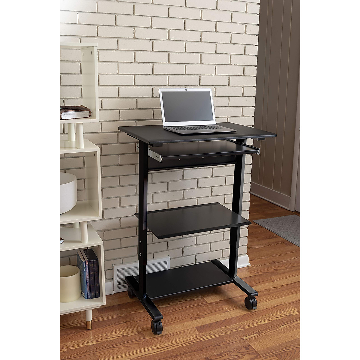 Stand Up Desk Store Mobile Rolling Adjustable Height Standing Workstation with Printer Shelf and Slideout Keyboard Tray (Black Frame/Black Top, 30" Wide)