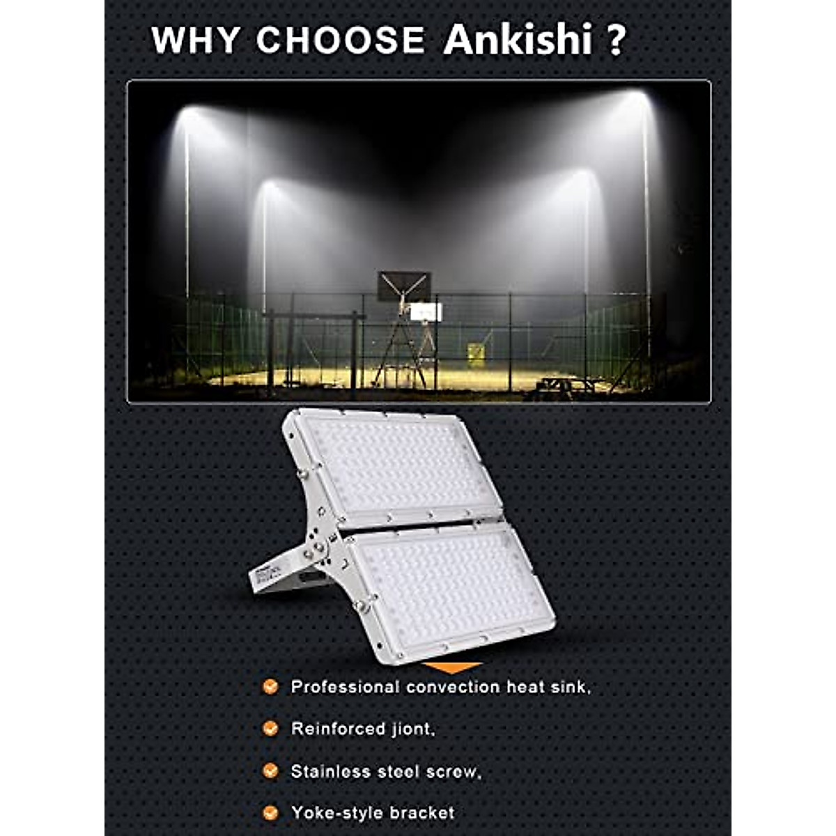 Ankishi 200W LED Flood Lights Outdoor, Waterproof IP67 20000LM Security Floodlights with 2 Adjustable Modules, 6500K Daylight White Outdoor Work Light for Garden, Yard, Stadium, Warehouse, Square