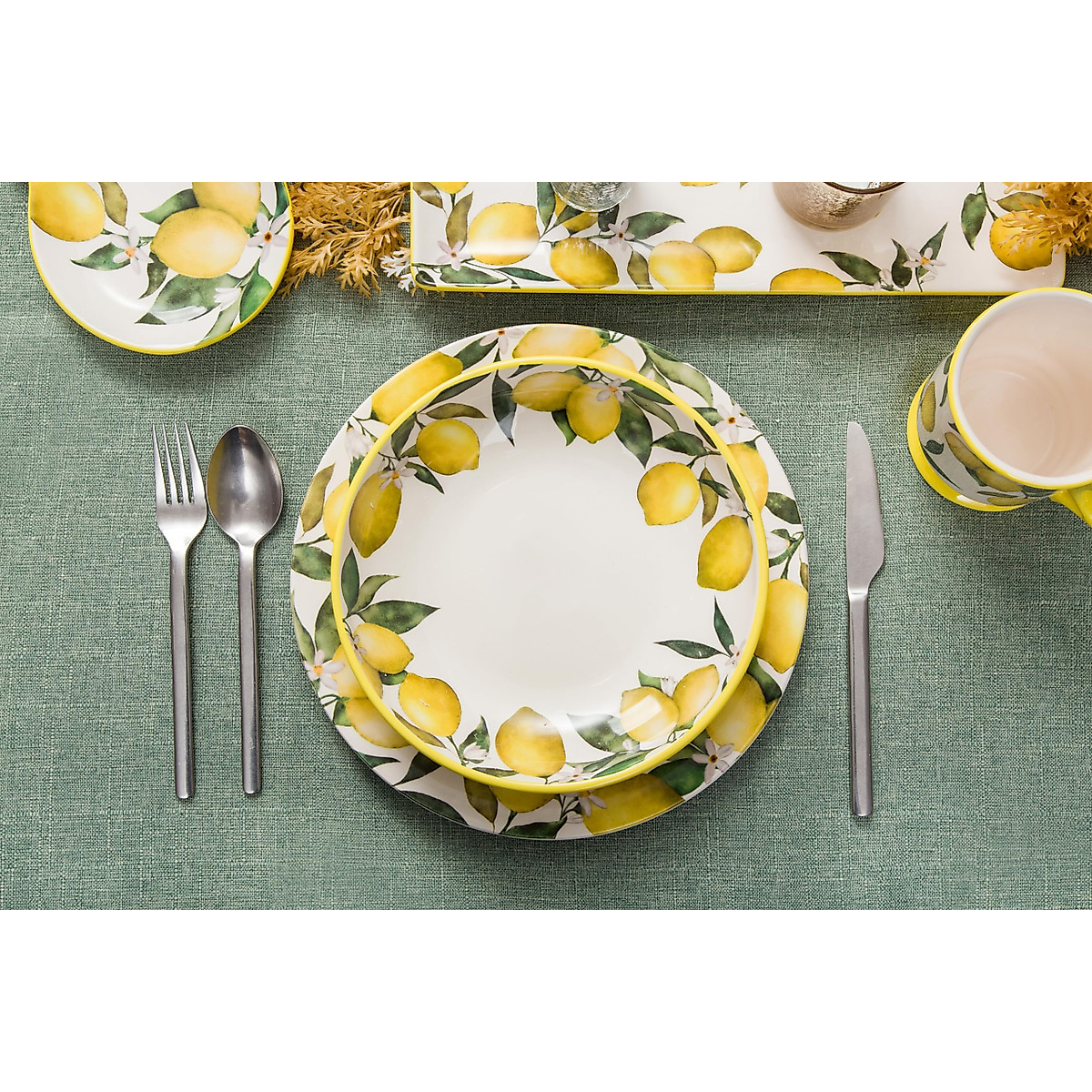 Bico Lemon Dreams Ceramic 35oz Dinner Bowls, Set of 4, for Pasta, Salad, Cereal, Soup & Microwave & Dishwasher Safe