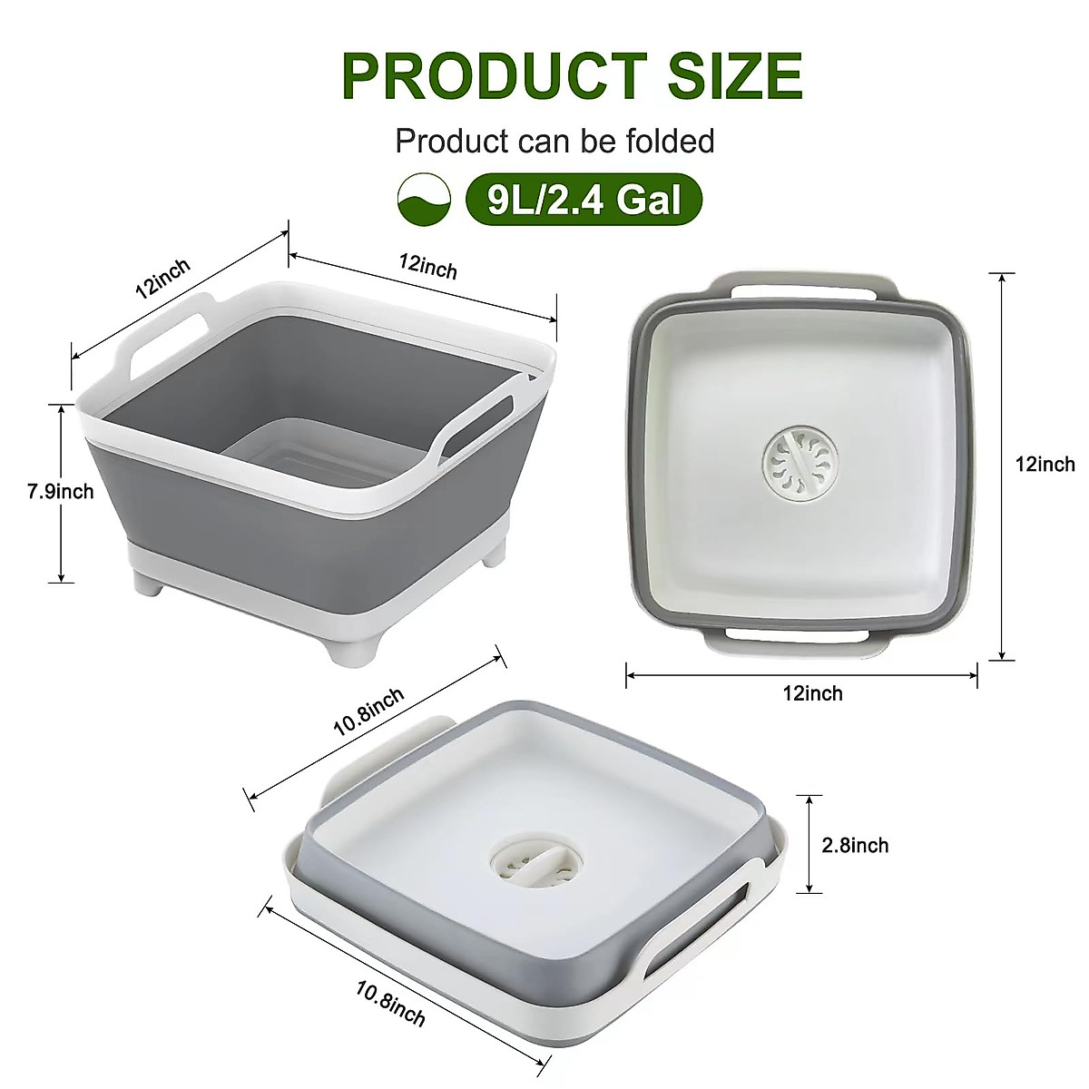 KEPPIER Dishpan, 9L Collapsible Washing Basin (Gray, PP, TPR), Portable Dish Tub with Drain Plug, Space-Saving Drying Rack for Kitchen, Camping, Laundry use