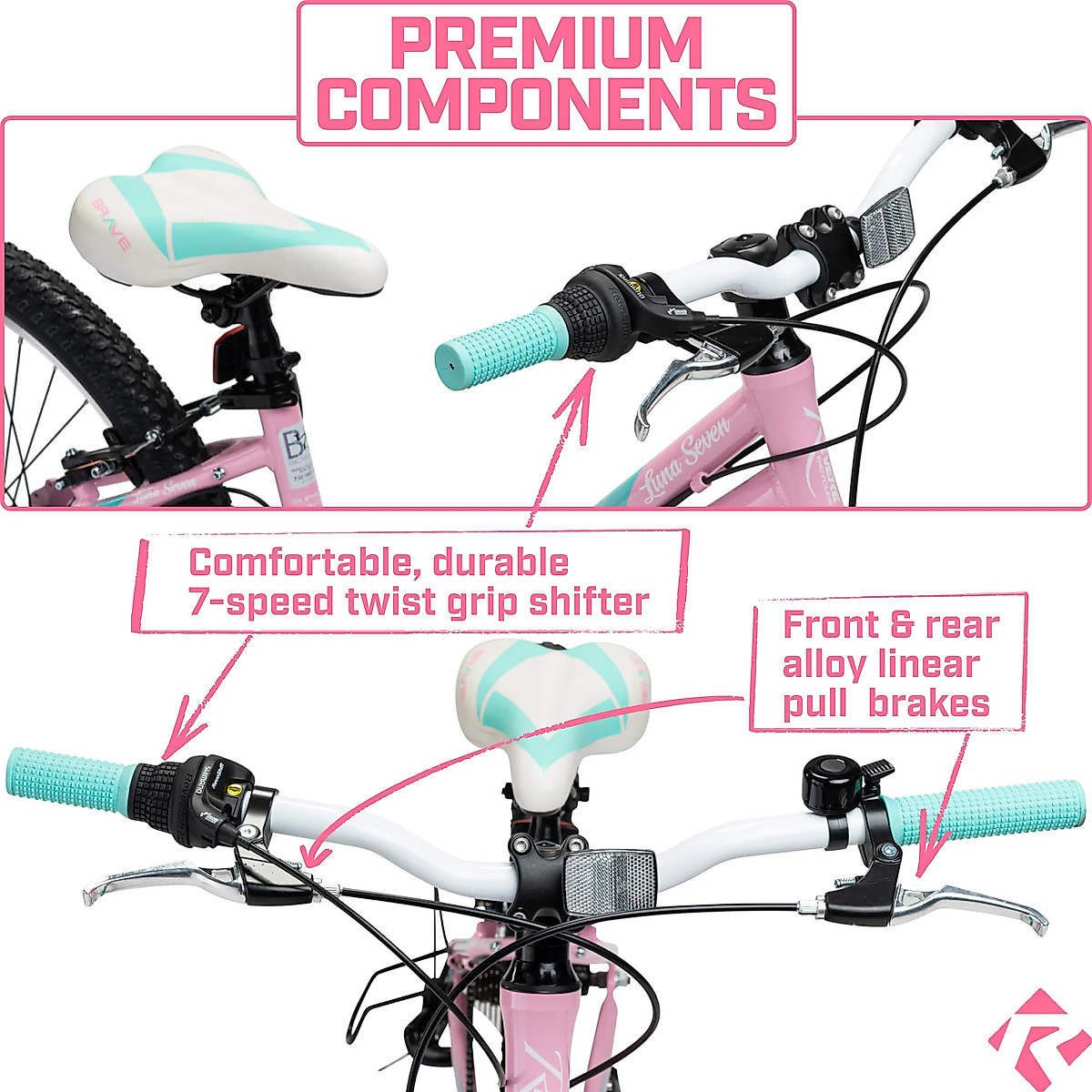 Revere Kids 24" Girls 7-Speed Cruiser Children's Bicycle for Ages 7-11 Years Old. Lightweight Aluminum Frame and Fork, Easy to Ride! (Pink/Cyan)