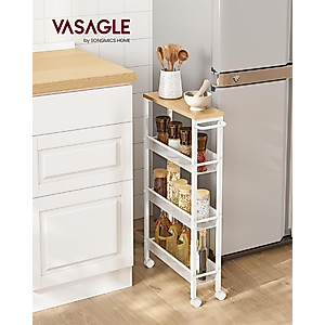 VASAGLE Slim Rolling Cart, 4-Tier Storage Cart, Narrow Cart with Handle, 5.1 Inches Deep, Metal Frame, for Kitchen, Dining Room, Living Room, Home Office, Oak Beige and Classic White ULRC032W09