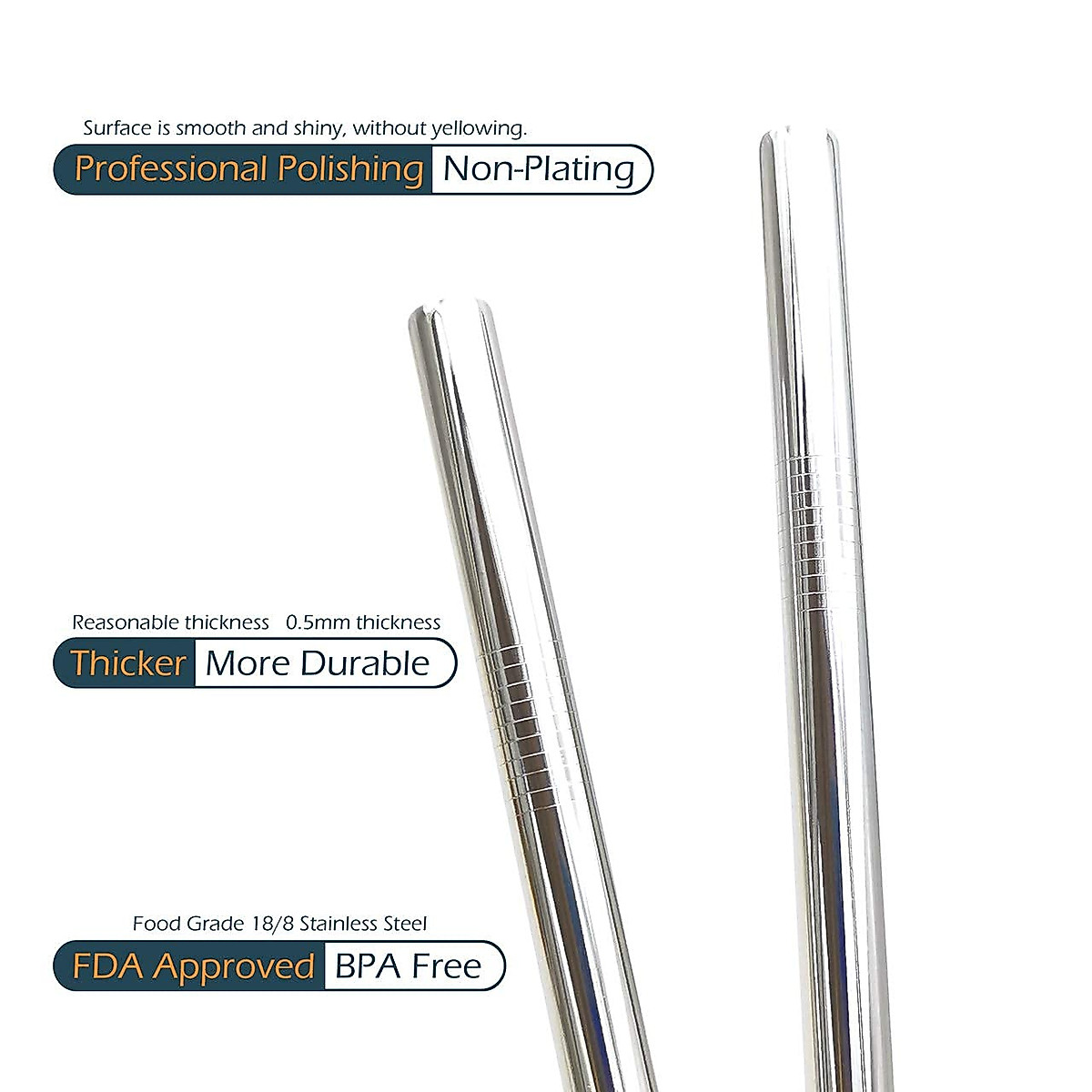 Super Big Drinking Straws Set 12" Extra Long 1/2" Extra Wide Reusable 304 Food-Grade 18/8 Stainless Steel for Frozen Drinks Boba Bubble Tea Smoothies and Shakes - Set of 2 with 2 Cleaning Brushes