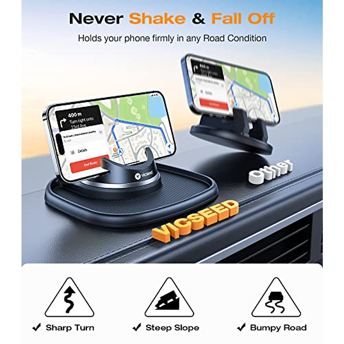 VICSEED 2023 Upgraded Dashboard Phone Holder Car [No.1 Stable, Never Slip& Fall] Reusable Silicone Phone Mount for Car Dash Anti-Slip Pad Mat Car Phone Holder Mount Fit iPhone 14 Pro Max All Phones