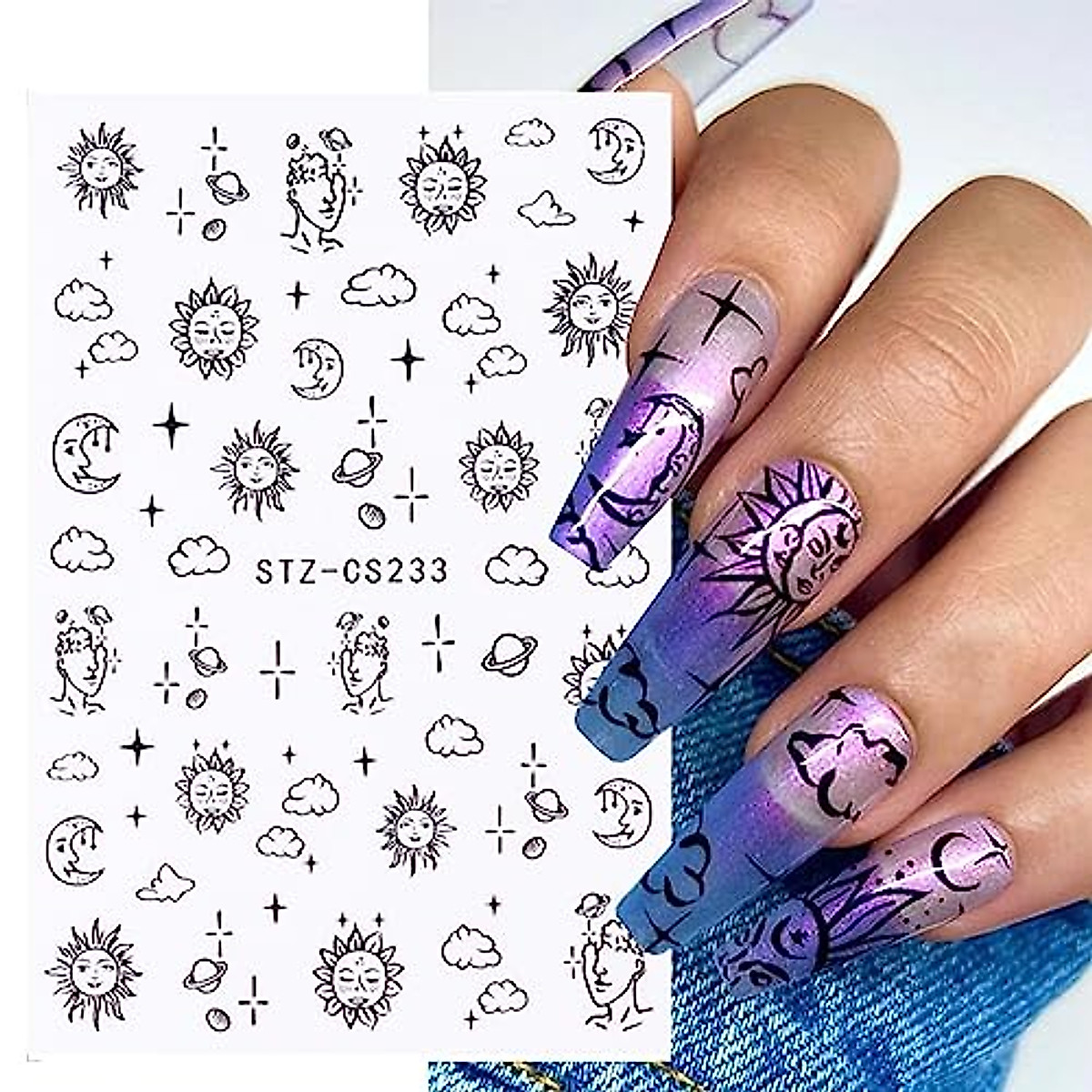 JMEOWIO 12 Sheets Moon Star Sun Nail Art Stickers Decals Self-Adhesive Pegatinas Uñas Black Nail Supplies Nail Art Design Decoration Accessories