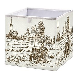 QUGRL Rustic Tractor Cube Storage Bins Organizer Farmhouse Grass Clothes Toy Storage Basket Box for Shelves Closet Cabinet Office Dorm Bedroom 11x11 in