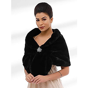 Unicra Wedding Fur Wraps and Shawls Faux Fox Fur Stoles Winter Cover Up with Rhinestones Brooch for Women and Girls (US 4-14(S-M), Black)