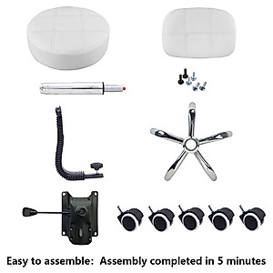 KKTONER Round Rolling Stool with Back PU Leather Height Adjustable Swivel Drafting Work SPA Salon Stools Chair with Wheels White