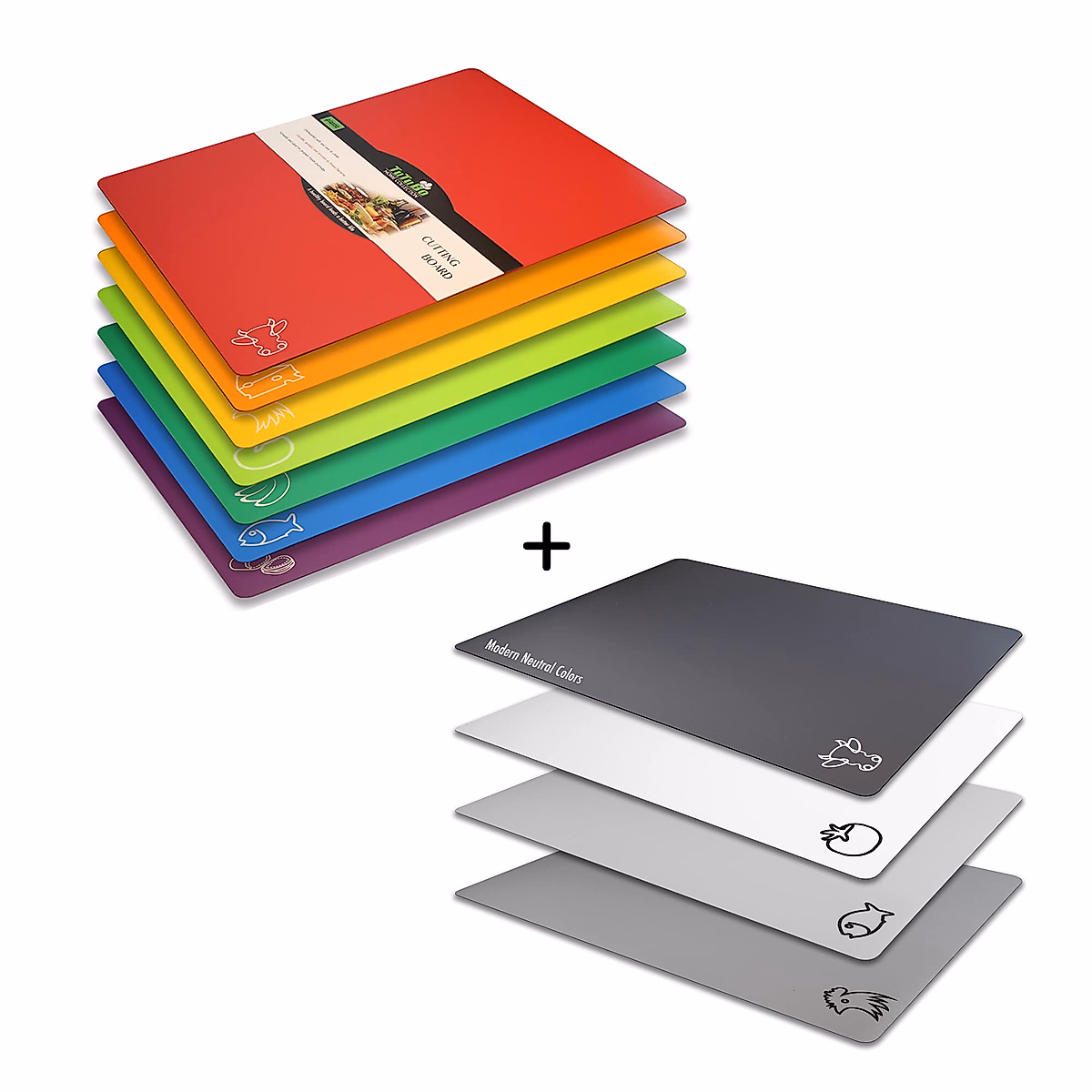 Fotouzy Flexible Plastic Cutting Board Combination Set of 11, 7 Rainbow Colors and 4 Neutral Gray