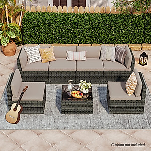 Covered Outdoor Patio Furniture Set, 7 Pieces Patio Furniture Sets with Glass Table, All-Weather PE Wicker Outdoor Couch Sectional Set, Outdoor Furniture Set for Garden/Patio/Ottoman, Grey