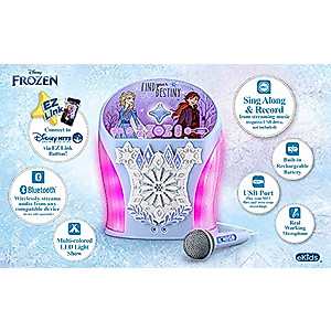 eKids Disney Frozen Karaoke Machine, Bluetooth Speaker with Microphone for Kids, Speaker with USB Port to Play Music, Easily Access Frozen Playlists with New EZ Link Feature