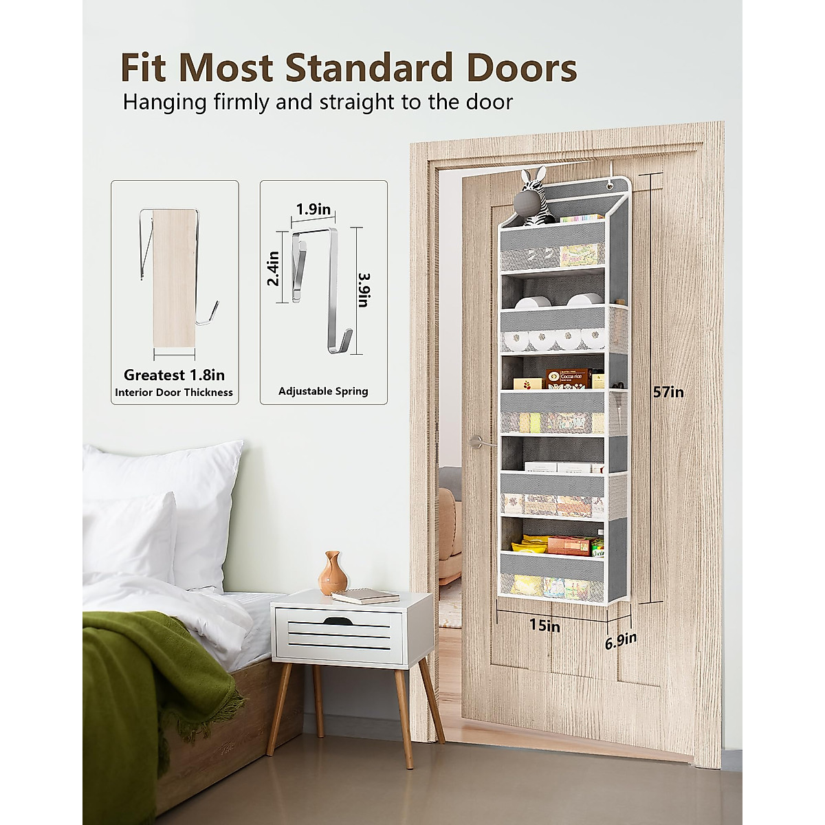 Oterri 5 Tier Over The Door Organizers,Door Hanging Organizer with 11 Pockets,Sag-Proof Versatile Hanging Storage for Baby Essentials,Towels,Cosmetics,Kitchen Supplies and Toys,Grey