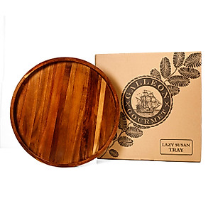 Galleon Gourmet 18 Inch Acacia Wooden Lazy Susan Turntable Tray: Smooth Rotating, Sturdy Handles, and Elegant Lipped Edge