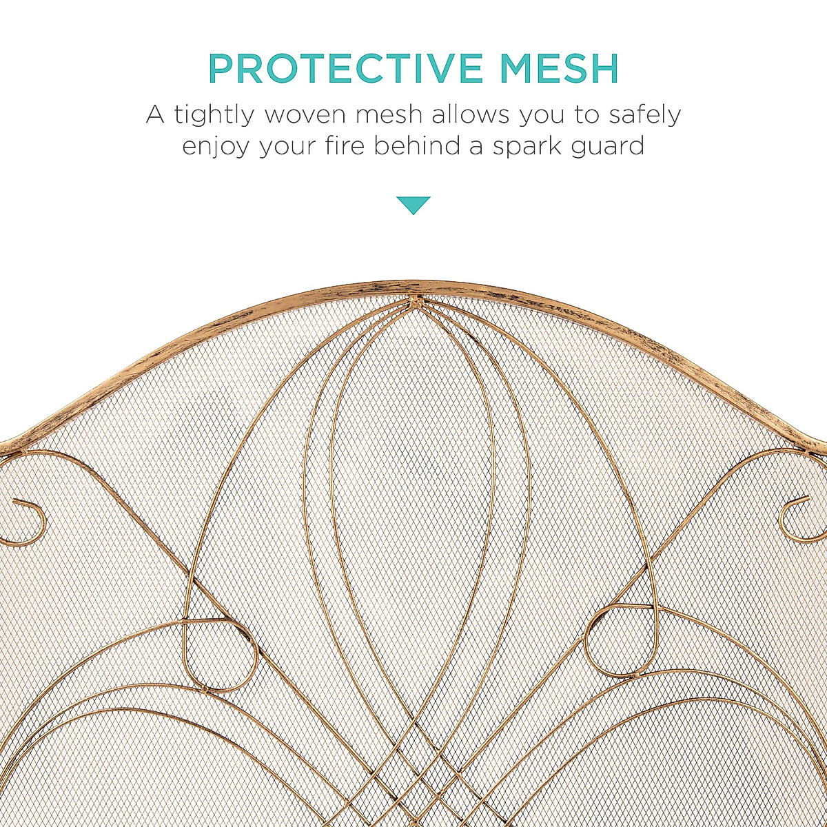 Best Choice Products 3-Panel 55x33in Solid Wrought Iron See-Through Metal Fireplace Screen, Spark Guard Safety Protector w/Decorative Scroll - Gold