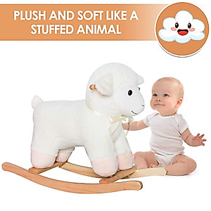Qaba Lamb Rocking Horse Sheep, Nursery Stuffed Animal Ride On Rocker for Kids, Wooden Plush, White
