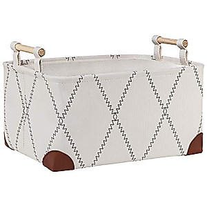 Fabric Storage Basket Bins for Shelves with Wood Handle, 15.7x11.8x8.3"Canvas Toy Storage Basket for Closet, Decorative Floor Storage Basket for Home Office Organizing, Linen Closet Organizer