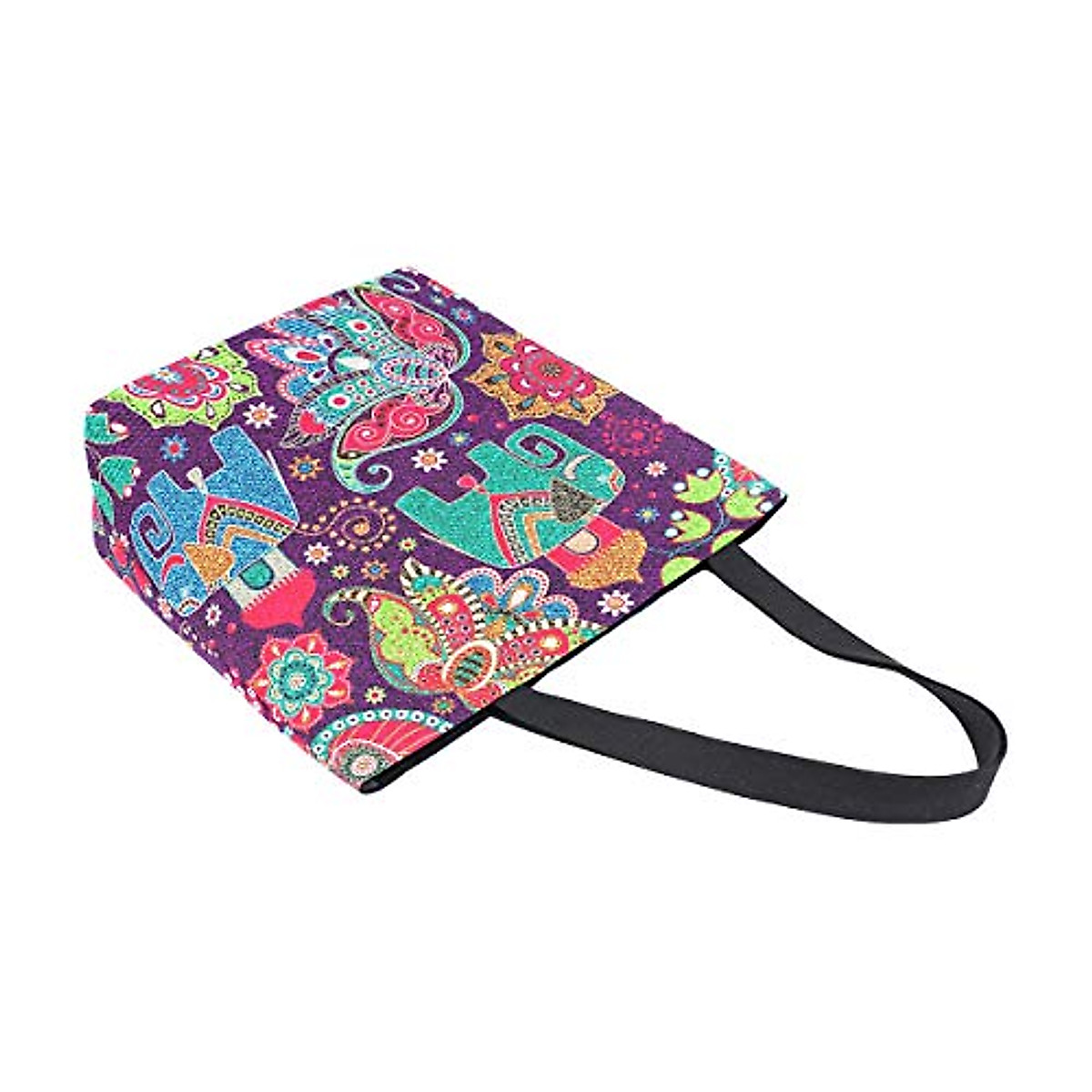 ALAZA Large Canvas Tote Bag Cute Indian Floral Elephant Shopping Shoulder Handbag with Small Zippered Pocket