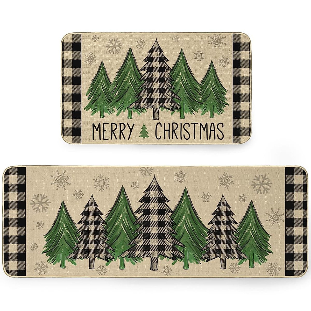 ARKENY Christmas Kitchen Rugs Set of 2, Non-Slip Absorbent Door Mats, Winter Snowflakes Xmas Tree Decorative Kitchen Floor Mat 17x29 and 17x47 Inch AKM004