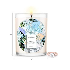 Kate Bissett Baubles White Gardenia Scented Premium Candle and Jewelry with Surprise Ring Inside | 18 oz Large Candle | Made in USA | Parrafin Free | Size 07