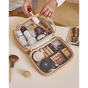 EACHY Travel Makeup Bag, Waterproof Cosmetic Bags for Women, Large Capacity PU Leather Make Up Organizer with Portable and Stylish (Pink)