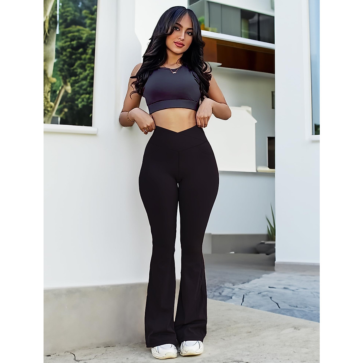 BOOVET Women's Flare Yoga Pants with Pockets Crossover High Waisted Bootcut Flare Yoga Leggings Tummy Control Workout Pants Black