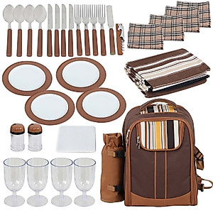 4 Person Blue Tartan Insulated Picnic Backpack Bag Set W/Cooler Section