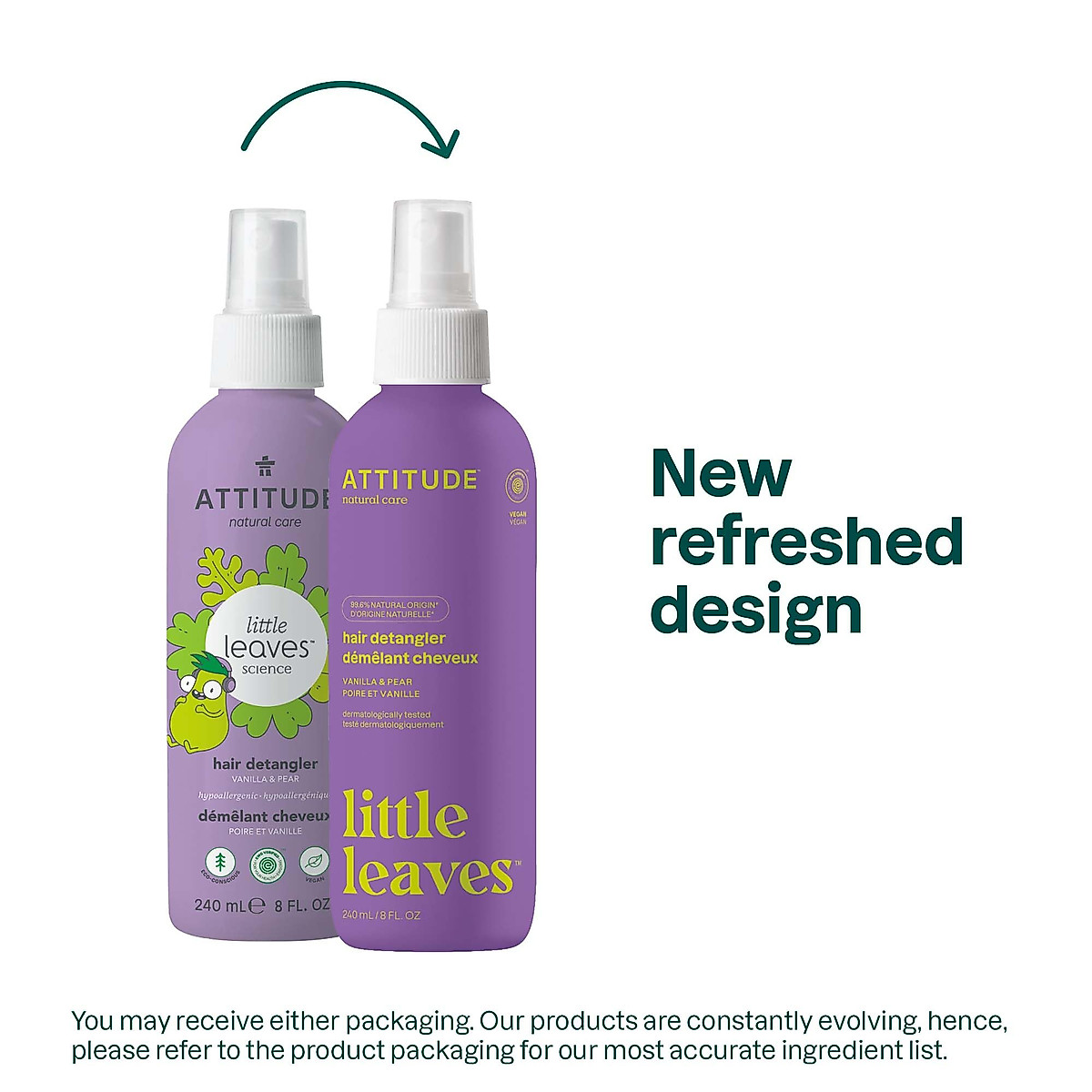 ATTITUDE Rinse-free Hair Detangler for Kids, EWG Verified Leave In Product, Plant- and Mineral-Based Ingredients, Vegan, Vanilla & Pear, 8 Fl Oz