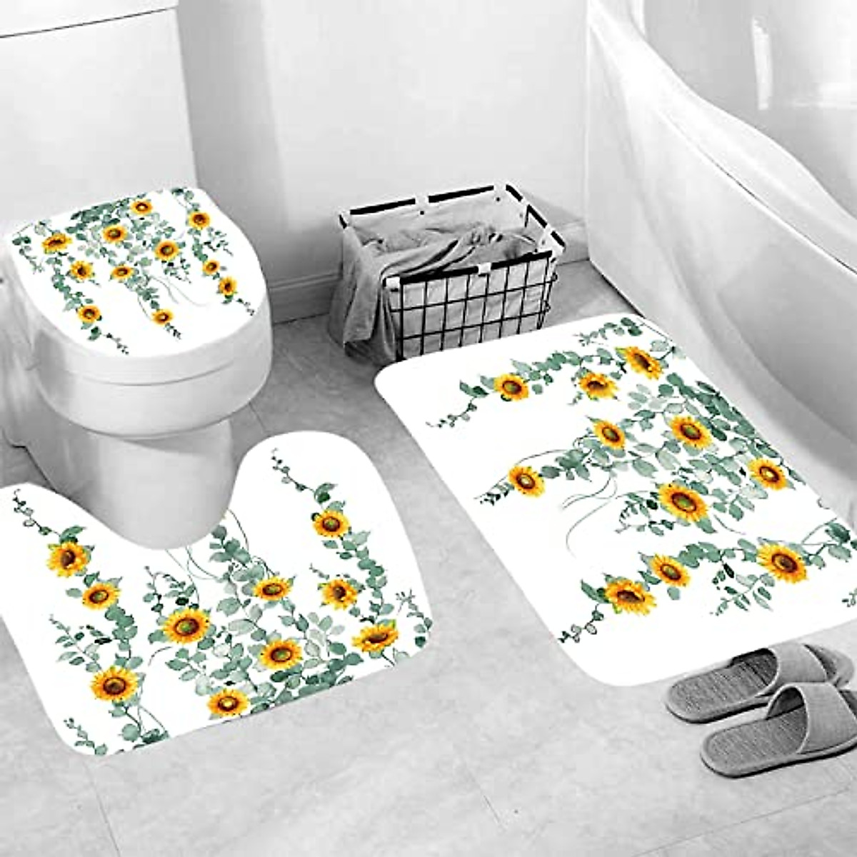 Mightree Shower Curtain Set of 4, Waterproof Fabric Bathroom Curtain with 12 Hooks, Toilet Lid Cover and Bath Mat, Non-Slip Rug Foot Mat, Sunflowers, Medium