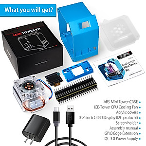 GeeekPi Mini Tower Kit with QC3.0 Power Supply for Raspberry Pi 4, Pi 4 Case with ICE Tower Cooler, 0.96'' OLED Module, RGB Fan, Heatsink, GPIO Expansion Board for Raspberry Pi 4 Model B