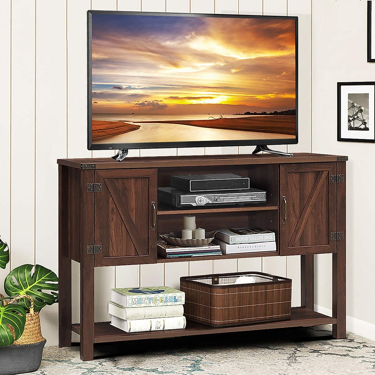 Tangkula TV Stand up to 60 Inches TVs, Modern Entertainment Center Stand with 2 Side Door Cabinets, Ample Storage Space, Multi-Functional Stand for Living Room Home Office Decor, TV Console (Brown)