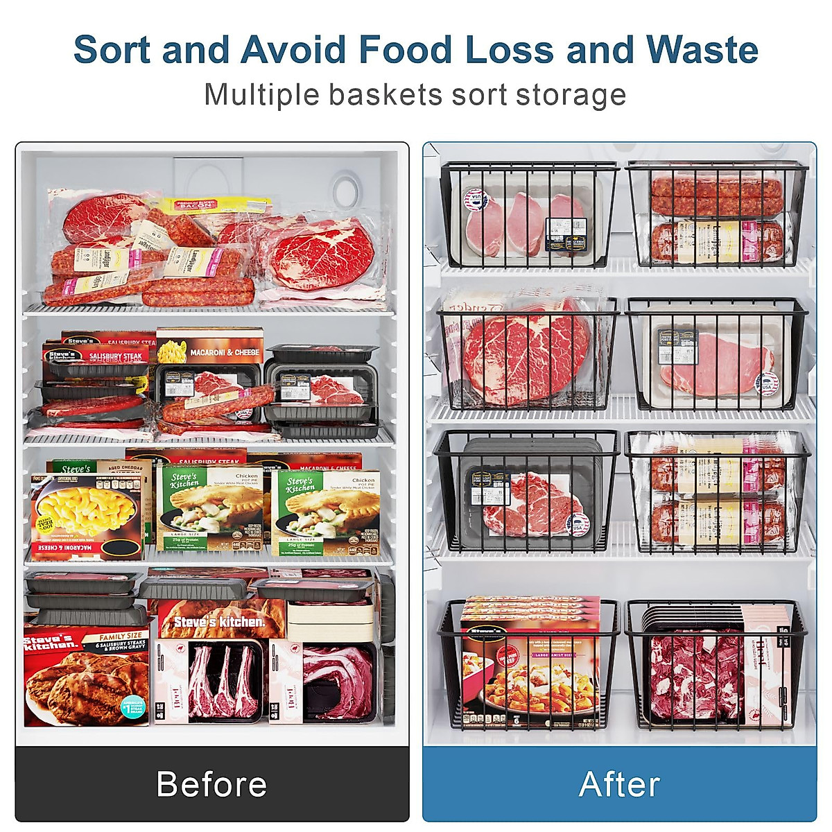 iSPECLE Upright Freezer Organizer Bins - 6 Pack Small Stand Up Freezer Baskets for 13 cu.ft Freezer, Get Food Easily, Freeze Efficiently with Air Circulation Stop Food Fall out from Freezer, Black