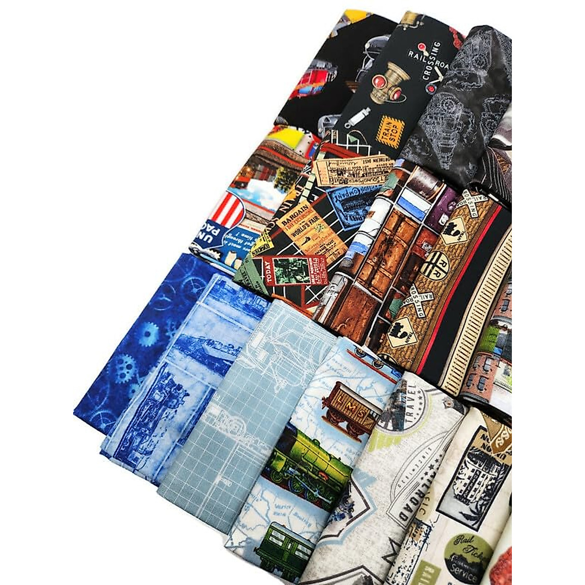 10 Fat Quarters Assorted Trains Locomotive Engine Railway Railroads Tracks Trains Signs Express Engineer Transportation Fat Quarter Bundle M491.04