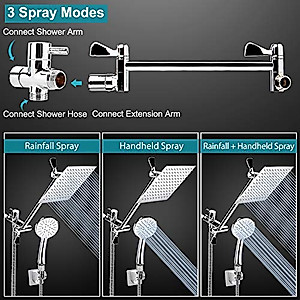 8'' High Pressure Rainfall Shower Head/Handheld Shower Combo with 11'' Extension Arm, Height/Angle Adjustable, Stainless Steel Bath Shower Head with Holder, 1.5M Hose, Chrome, 4 Hooks