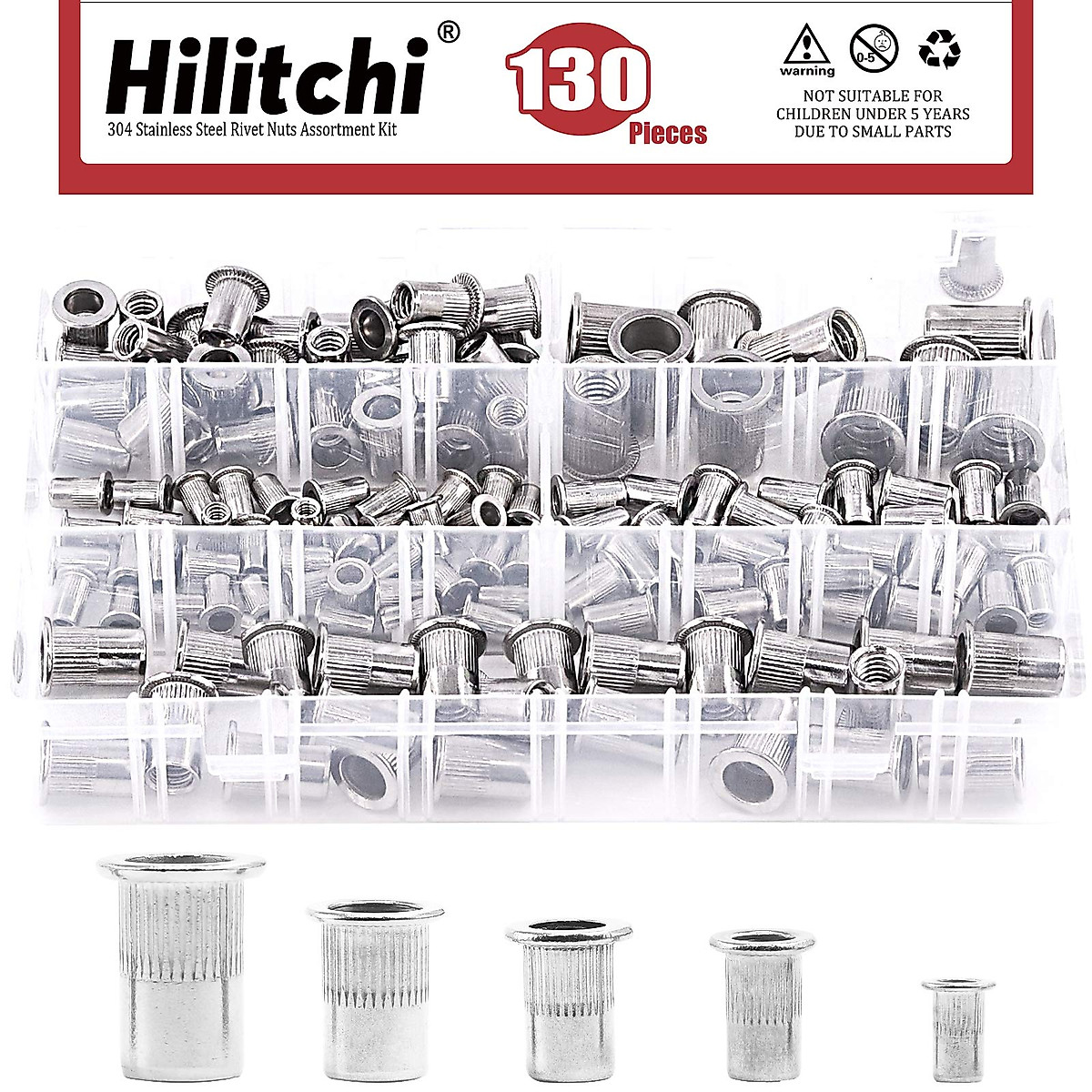 Hilitchi 5 Sizes Stainless Steel Rivet Nuts Threaded Insert Rivnuts 8-32, 10-24, 1/4-20, 5/16-18, 3/8-16 for Automotive Furniture Decoration Electrical and Industrial Products (85Pcs, SAE)