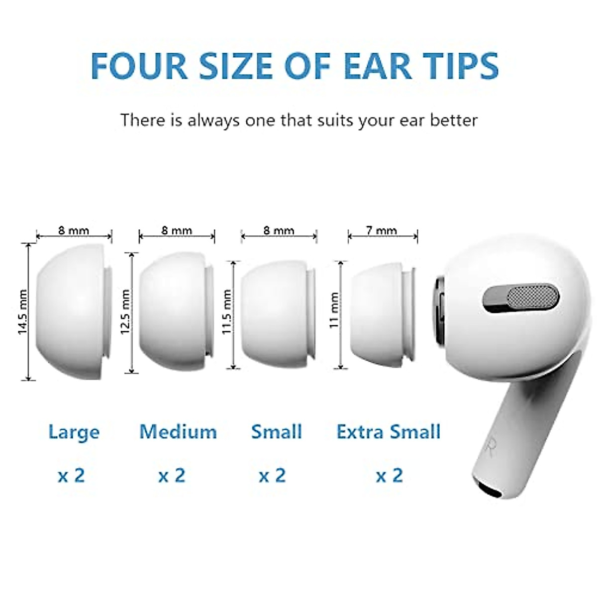 SIXFU 4 Sizes Replacement Ear Tips Compatible with AirPods Pro and AirPods Pro 2, Updated Ear Buds Silicone Tips Including Extra Small Size with Portable Storage Case (XS/S/M/L)