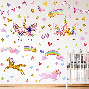 Outus 4 Sheets Unicorn Wall Decals Peel and Stick Watercolor Unicorn Wall Decals Heart Flower Unicorn Stickers for Girls Kids Bedroom Nursery Decorations
