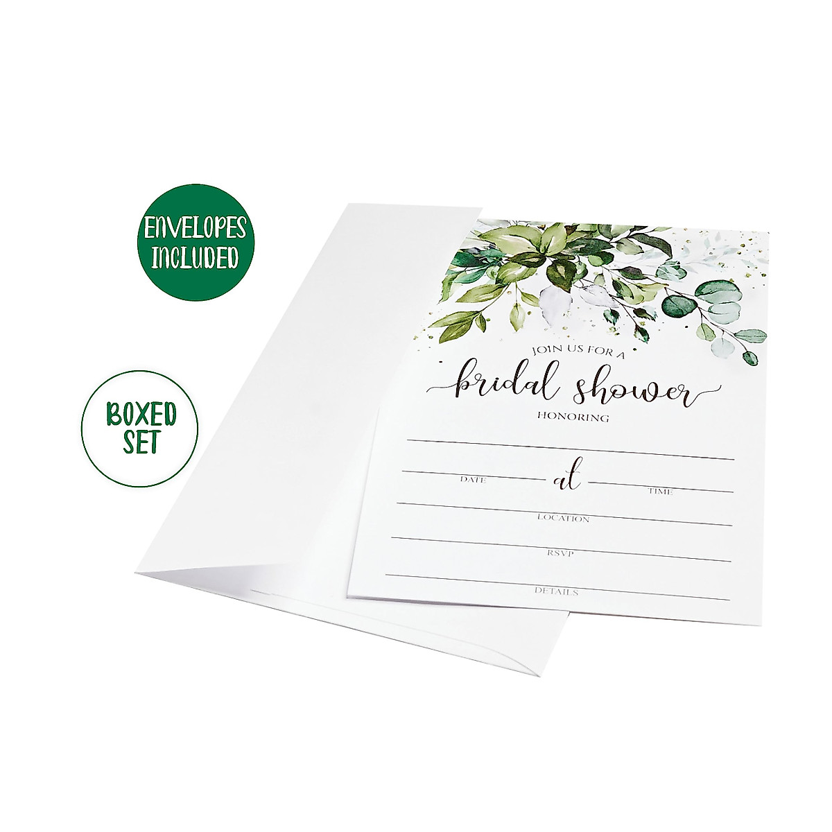 All Ewired Up 50 Greenery Eucalyptus Bridal Shower Invitations and 50 Envelopes, Boxed Set, Sage (Large Size 5x7) - (100 pieces)