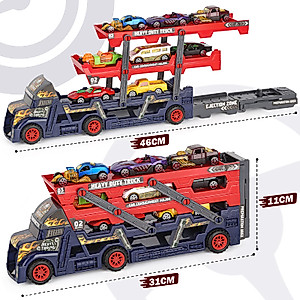 Aoskie Transport Car Carrier Truck Toy for Boys and Girls, Hauler Launch Vehicles Play Set with Mini Cars and Road Signs