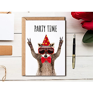 OystersPearl Party Time Birthday Card - Graduation Card Promotion Card Congratulations Portrait Of A Funny Raccoon - Birthday Greeting Card., 5 x 7 inches
