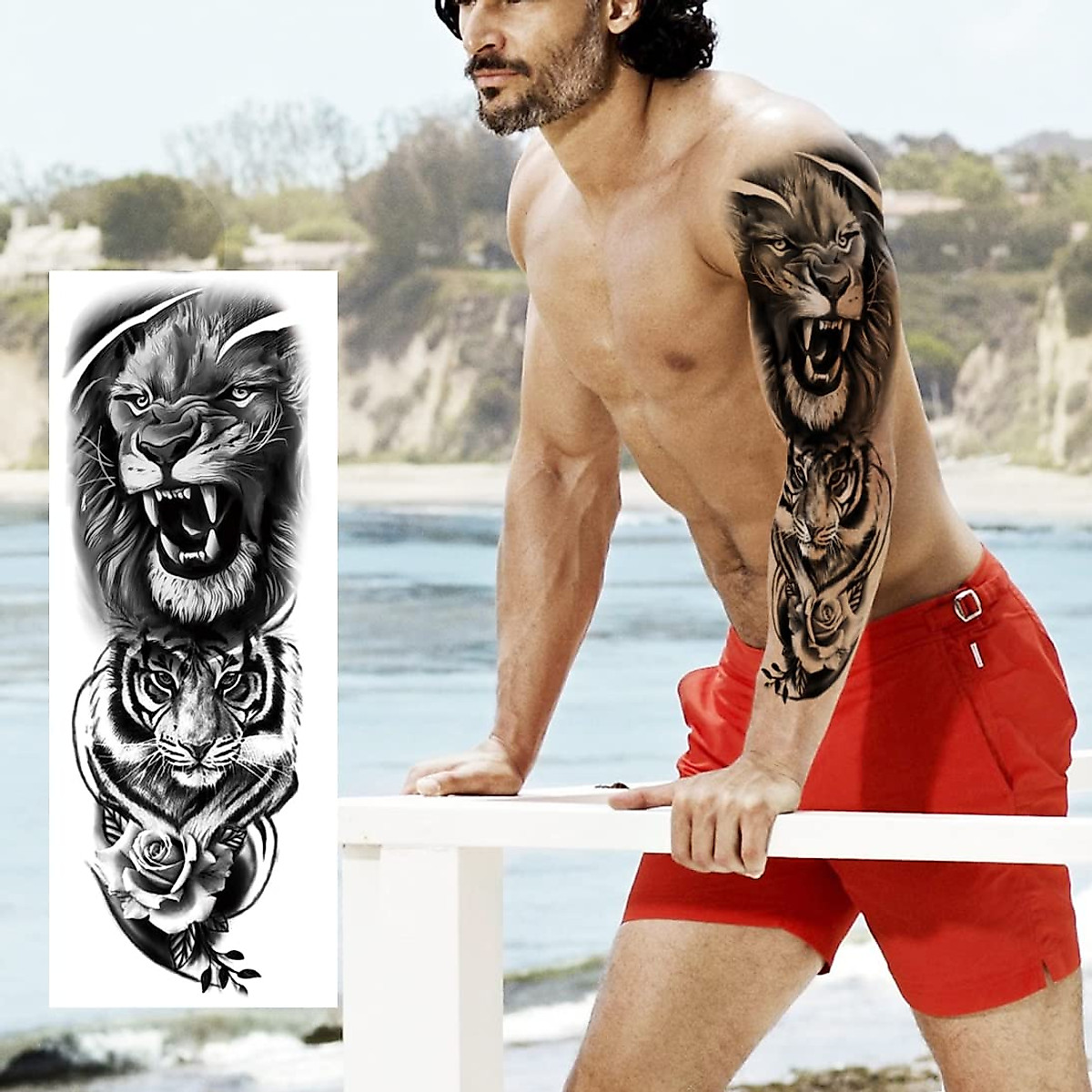 PADOUN Animal Temporary Tattoo Sleeve, 8-Sheet Large Temporary Tattoos Women Full Sleeve Temporary Tattoos, Wolf Lion Tiger Tattoos for Adults Men Waterproof Black