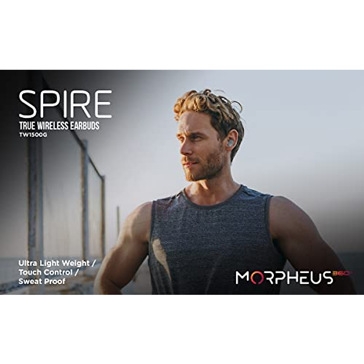 Morpheus 360 Spire True Wireless Earbuds, Wireless Microphone, Bluetooth 5.2 Wireless Ear Buds, One Touch Media Control, Waterproof Earbuds, with Recharging Earbud Case - Slate Gray